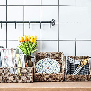 YIREAUD Water Hyacinth Storage Baskets,Hand-Woven Storage Baskets With Wooden Handles,Water Hyacinth Wicker Baskets for Organizing,Trapezoid Decorative Baskets