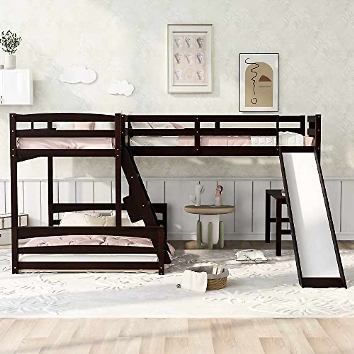 GINGVAT L-Shaped Bunk Beds for 3, Wooden Triple Bunk Bed with Slide and Desk, Twin Over Full Bunk Bed & Twin Size Loft Bed with Desk, for Kids Teens Adults, Espresso