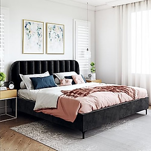 DHP Camilla Upholstered Platform Bed with Luxe Vertical Channel Tufted Headboard, No Box Spring Needed, King, Black Velvet