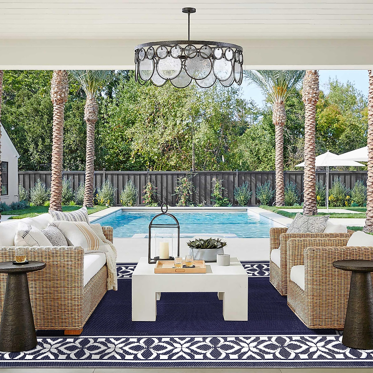 PureCozy Outdoor Plastic Straw Rug Navy Blue Waterproof Indoor Outdoor Patio Rug 5x8 Carpet Geometric Reversible Mat Modern Washable Large Outside Area Rug for Camping RV Porch Deck Balcony Beach