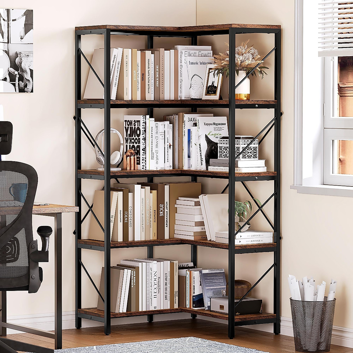 YITAHOME Corner Bookshelf, Industrial Corner Shelf 5 Tier Bookcase, Large Display Rack Storage for Bedroom, Living Room, Home Office,Rustic Brown