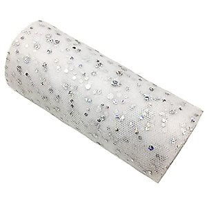 Lauthen.S Glitter Sequins Tulle Rolls 6 inch x 25 Yards Decorative Tulle Fabric Roll for Table Runner Chair Sash Bow Tutu Skirt Sewing Craft Wedding Birthday Baby Shower Ribbon Supplies(White)