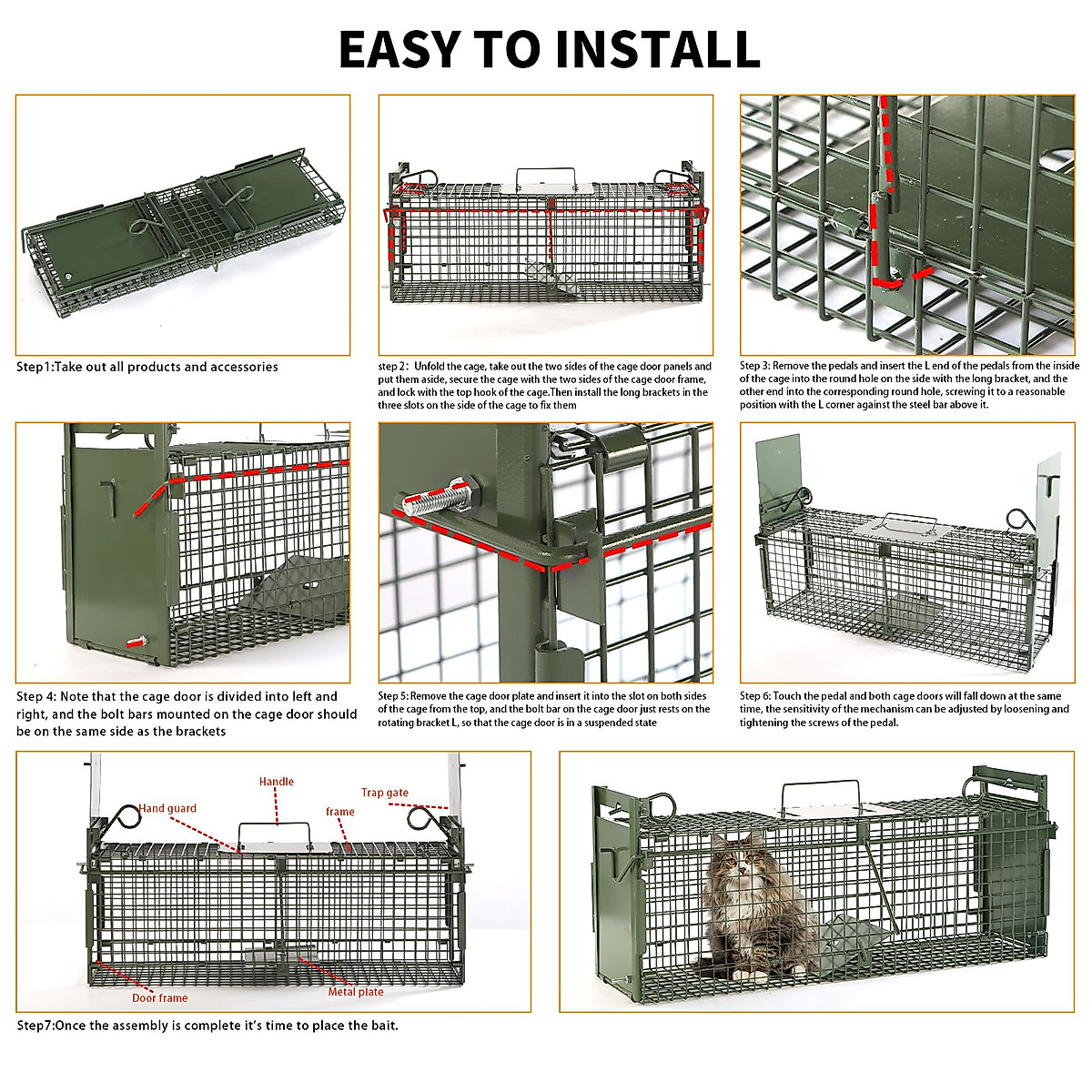 40" 2-Door Large Live Animal Traps for Stray Cats up to 17.6 pounds, Raccoons, Squirrel, Skunk, Mole, Groundhog, Armadillo, Rabbit, with Pedal Triggers