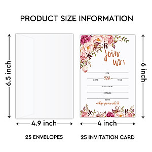 YUEXLL Set of 25 Floral Invitations with 25 White Envelopes, Join Us Fill-in Invites Cards Fit All Occasion for Birthday, Engagement, Wedding, Bridal Shower, Anniversary Party - 03