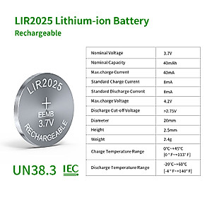 EEMB LIR2025 Rechargeable Li-ion Battery Charger with 4PCS 3.7V Lithium-ion Coin Button Cell Batteries 40mAh