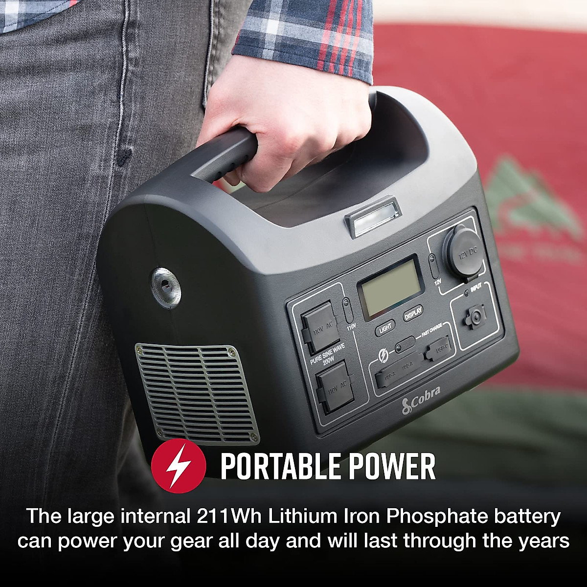 Cobra 200W Power Station - Portable Power, Fast Charge USB, LED Flashlight, AC Outlets, 200W Pure Sine Wave, 12V Socket, AC and 12V Cables, Solar Panel Compatible