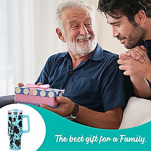 MKent 40oz COWPRINT Insulated Tumbler Trendy Stainless Steel Large Tumbler With Handle & Straw Lid,Travel, Leak Proof Tumblers Cup,Keeps Drinks Cold/Hot for 6Hrs (Lake Green Cow Print)