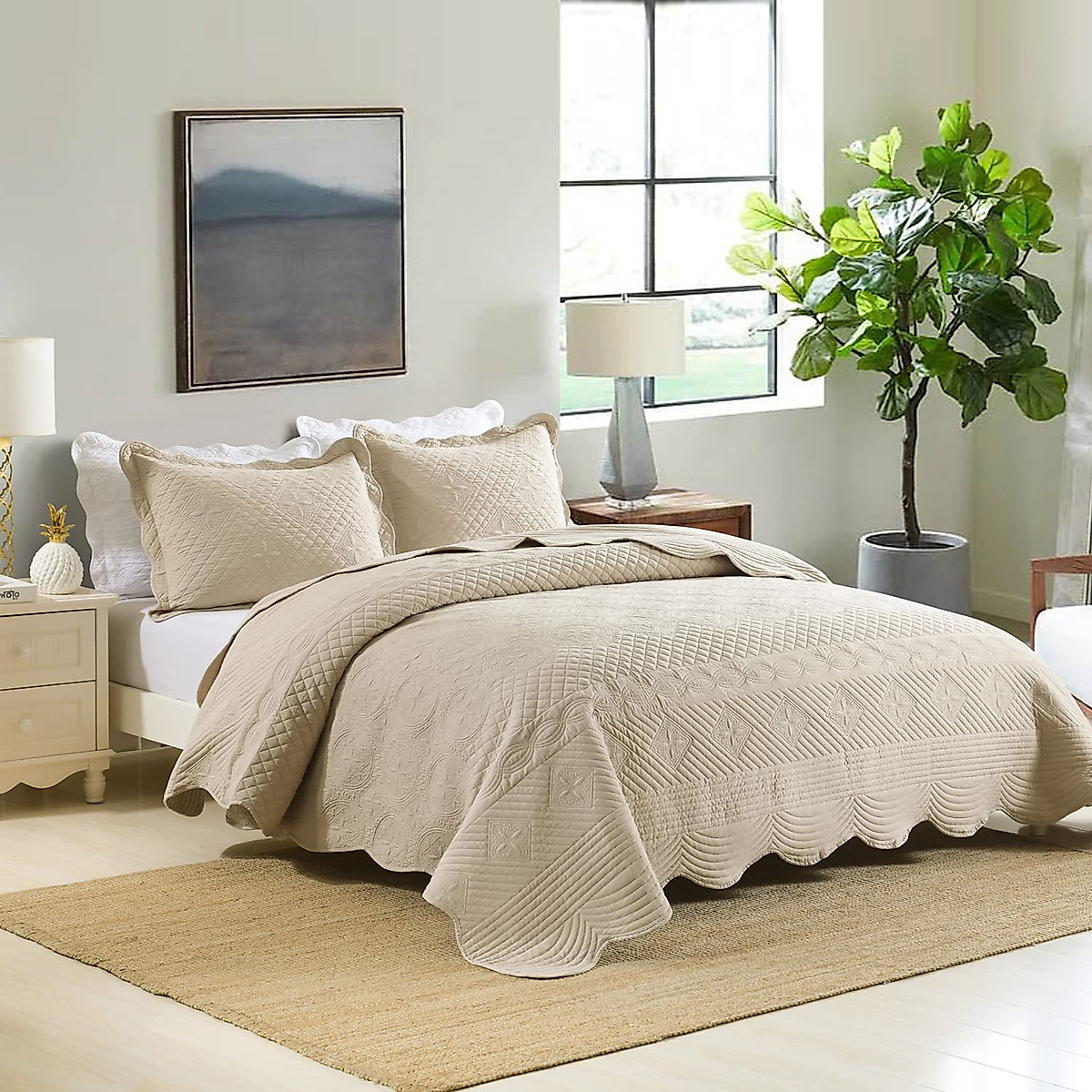 mixinni Quilt Set King Size Khaki 3 Piece Embossed Solid Color Coverlet Set Lightweight Bed Quilted Set Bedspread for All Season 1 Quilt +2 Matching Pillow Shams-(King, Khaki)