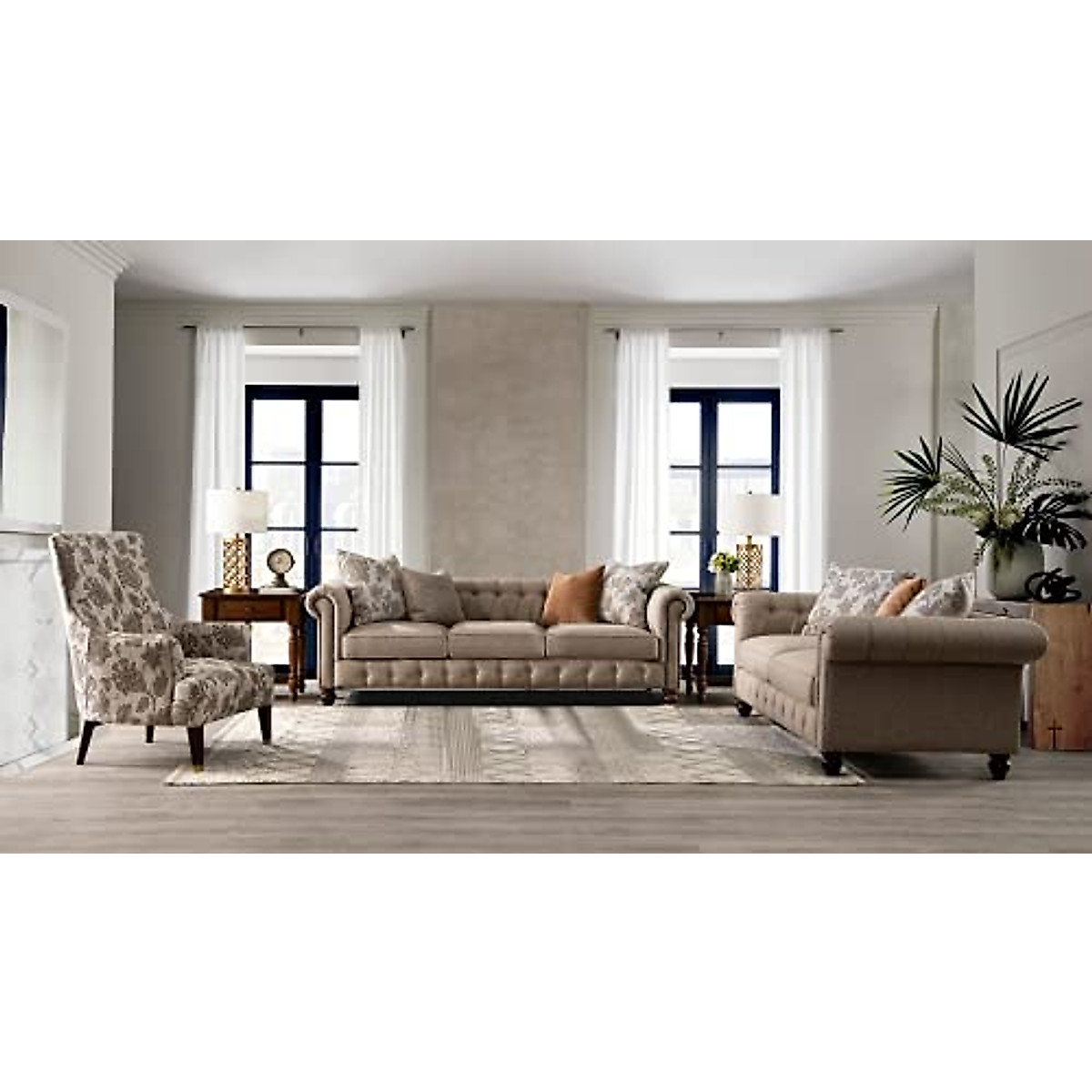 Acanva Chesterfield Tufted Sofa with Scroll Arms, Nailhead Trim Linen Upholstered, 70" W Loveseat, Brown