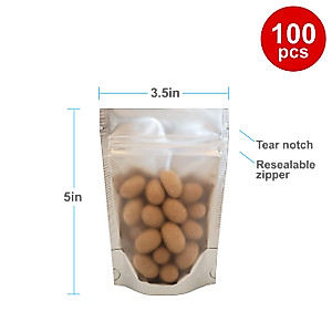 Matte Black/Clear Mylar Stand Up Bags Pouches with Zipper for Food Storage 3.5" x 5" x 2" (Up to 1oz) 100 pcs