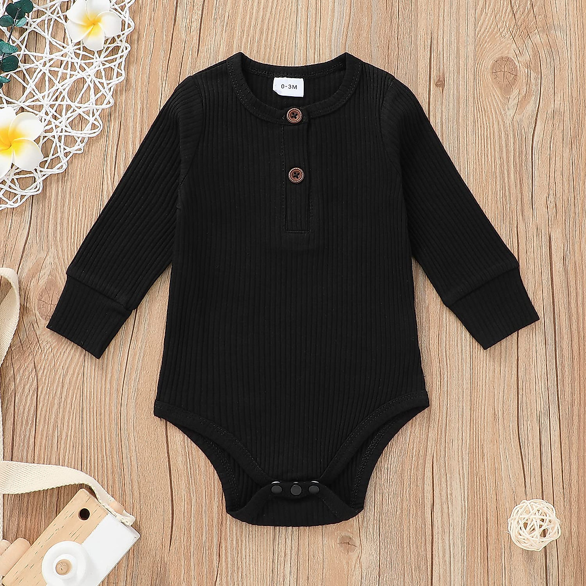 Lala Bear Baby Girl Boy 2 Pack Solid Long Sleeve Romper Bodysuit Clothes Black & White 12-18 Months