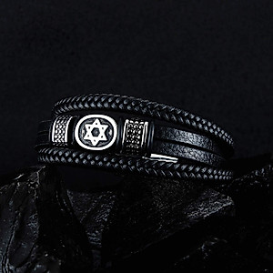 TEMICO Mens Black Leather Cuff Bracelet Multi-Layer Braided Leather Magen Star of David Bracelet Jewish Jewelry
