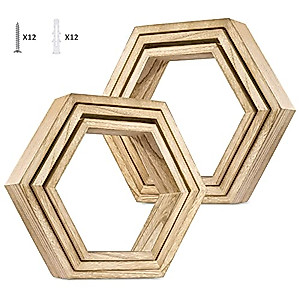 YBING Hexagon Floating Shelves Wall Mounted Farmhouse Wood Storage Honeycomb Wall Shelf Set of 6 Hexagonal Shelves Wall Home Decor Hexagon Shelves for Living Room Bedroom Office, Light Brown