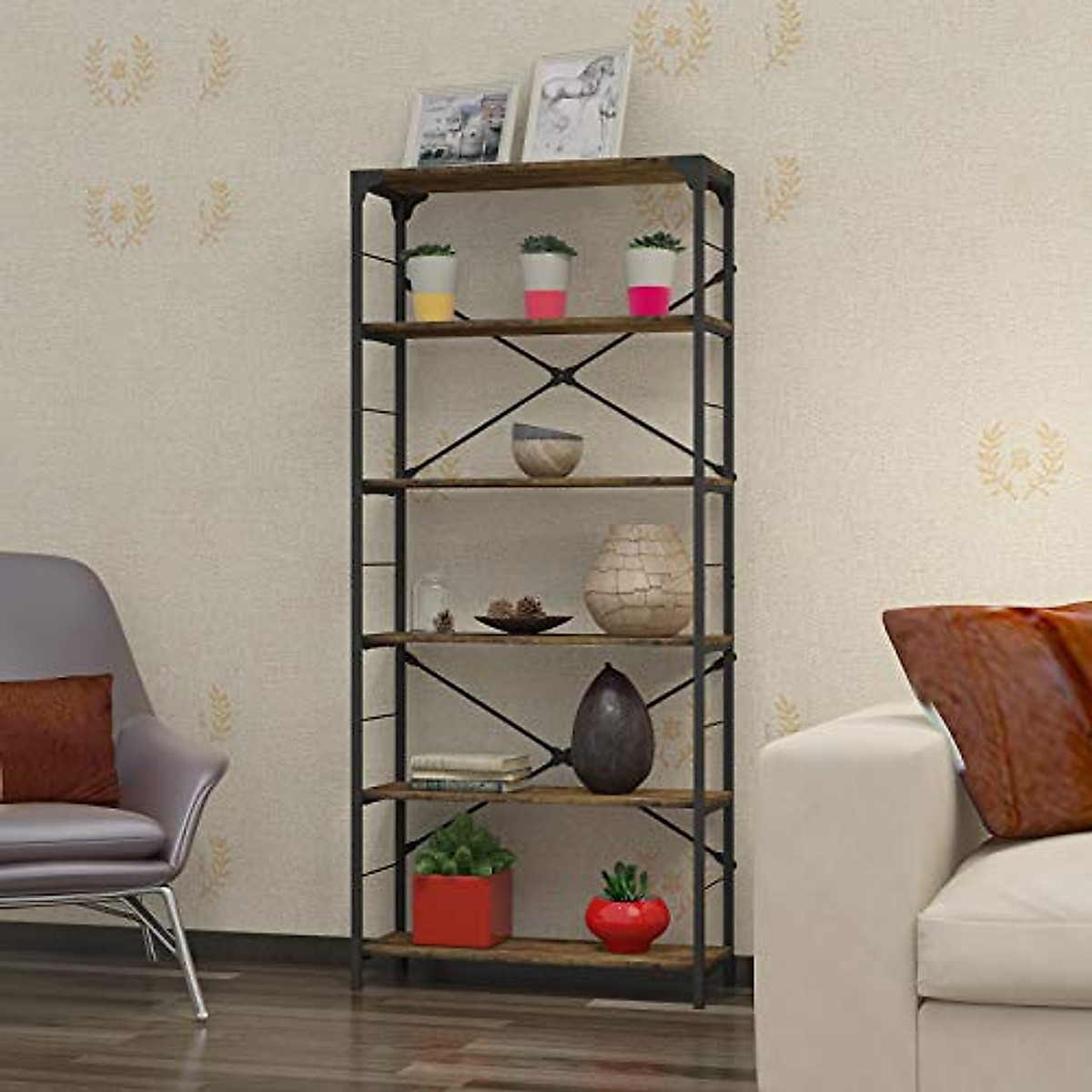 Kiimeey 6-Tier Bookcase Large L31.5 Industrial Black Tall Open Shelf (Vintage)