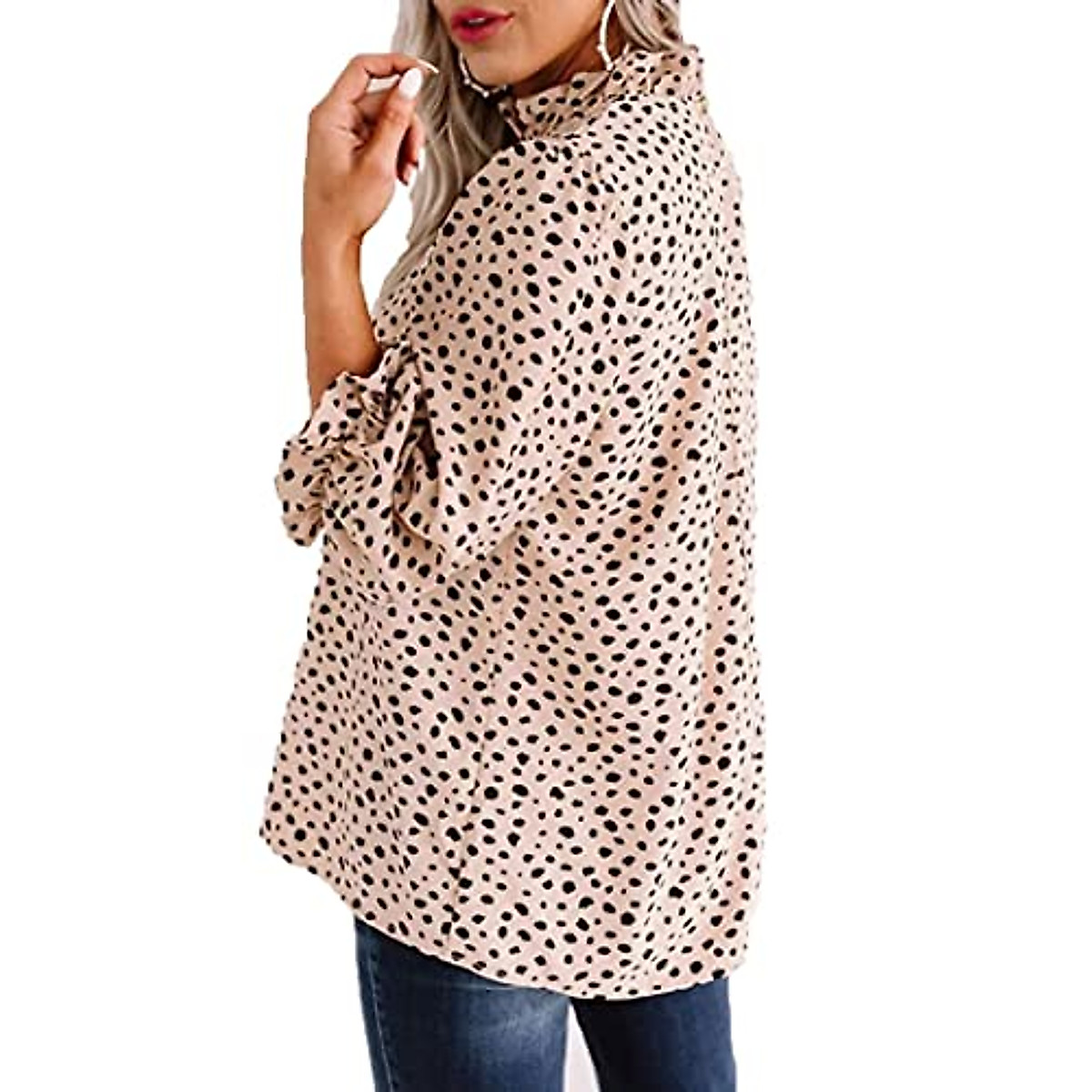 Avanova Women's Leopard Printed Ruffle Hem 3/4 Sleeve Mock Neck Elegant Work Blouses Top Beige Small
