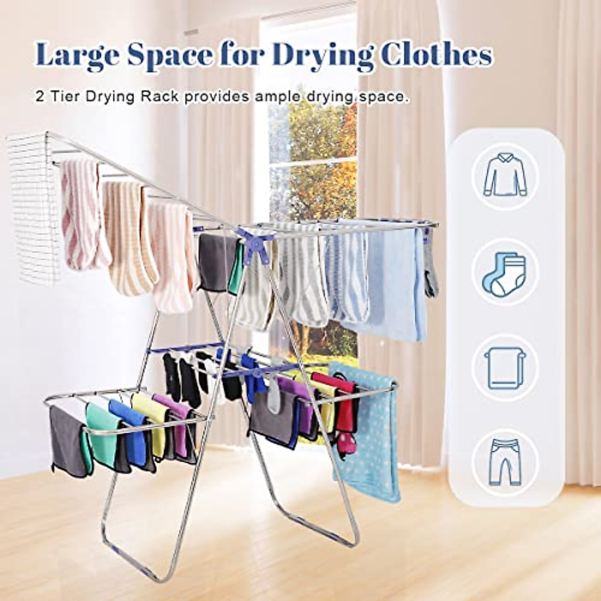 ZenStyle Clothes Drying Rack, 2-Level Laundry Drying Rack with Sock Clips, Stainless Steel Foldable Laundry Hanger with Height-Adjustable Gullwings for Clothes, Towels, Sheets, Silver