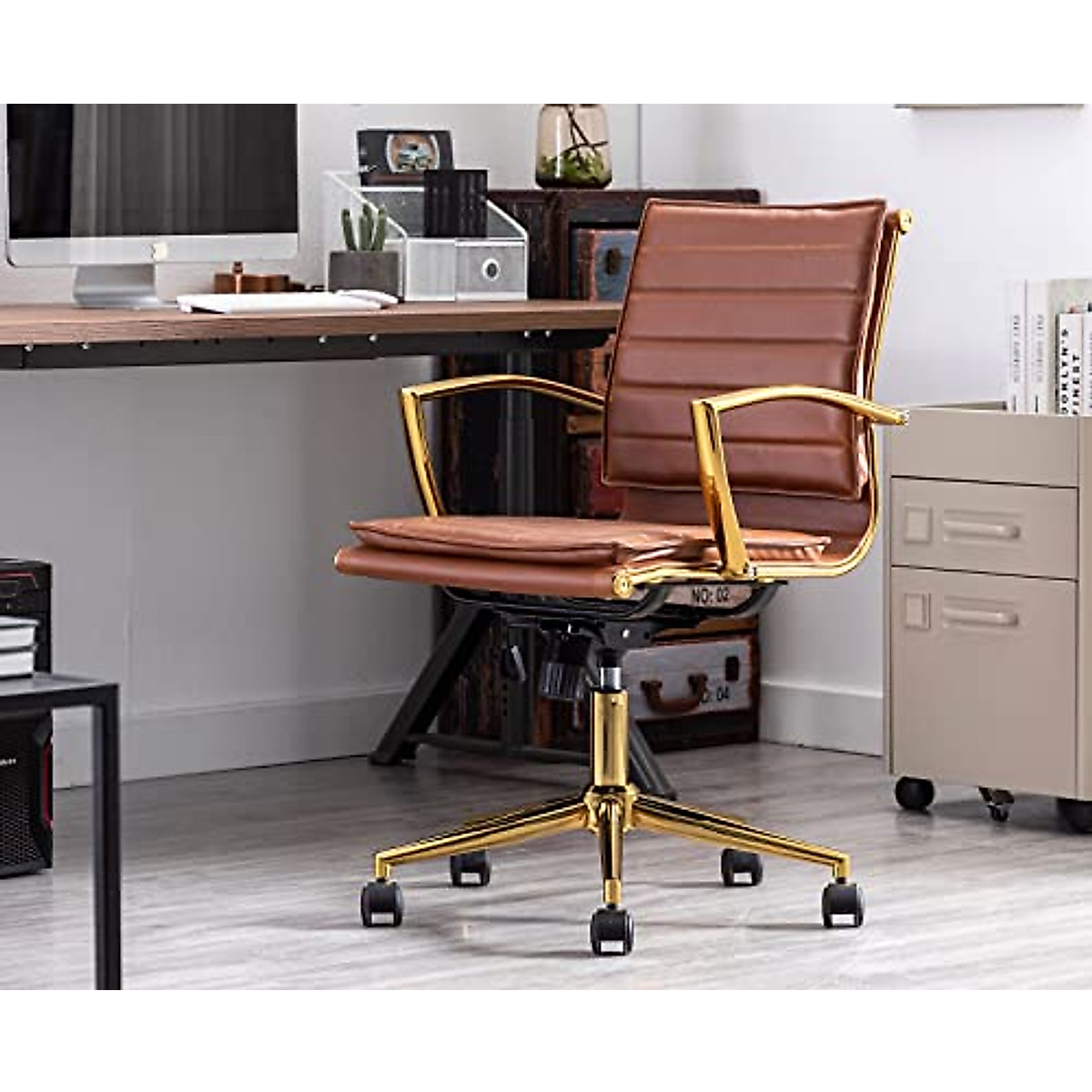 Shunzhi Leather Desk Chair with Armrest PU Leather Office Chair Midback Adjustable Home Computer Executive Chair Swivel Conference Task Chair Managers Chair with Chrome Base, Brown and Gold