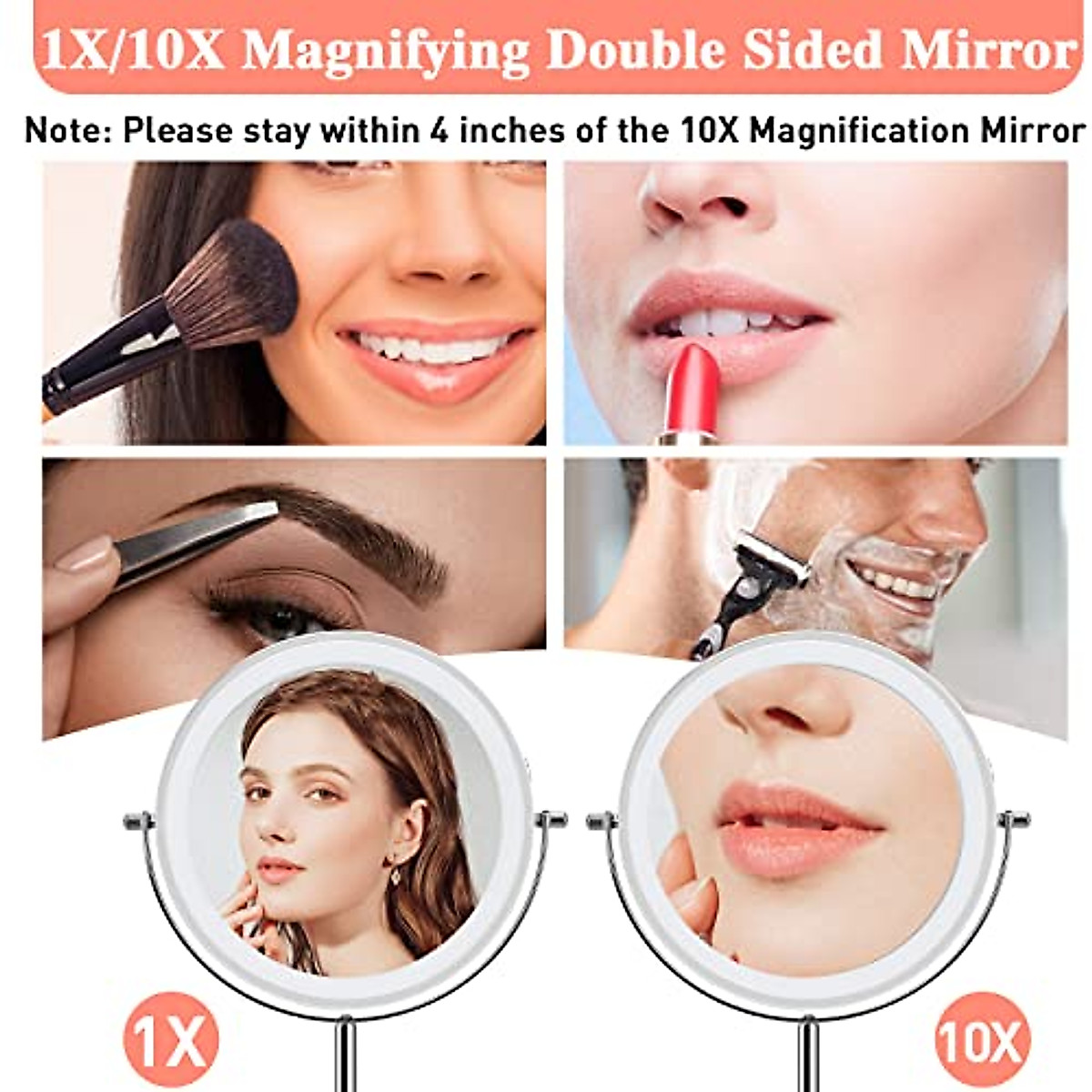 KuMers Lighted Makeup Mirror with Magnification, 10X 8’’Rechargeable Double Sided Vanity Mirror with Lights Magnifying Makeup Mirror with 3 Color Light with 360° Rotation, Detachable Base