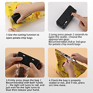 Mini Bag Sealer, USB Charger Potato Chip Bags Heat Sealer Capper, Reseals Snack Plastic Bag Heat Seal and Cutter, Sealing Machine Vacuum Impulse For Mylar Cereal Bags, Keep Food Fresh (Black)