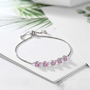 Gem Stone King 925 Sterling Silver Pink Created Sapphire and White Lab Grown Diamond Tennis Bracelet For Women (3.01 Cttw, Center Stone: 5MM, Small Stones: 2.5MM, Fully Adjustable Up to 9 Inch)