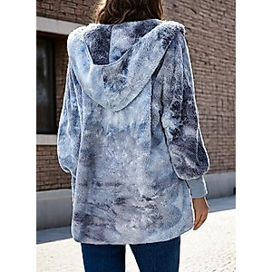 Dokotoo Womens Fashion Plus Size Ladies Chunky Fuzzy Winter Fall Oversized Open Front Long Sleeve Fleece Pocket Hooded Cardigan Sweater Jacket Coat Outerwear Tie Dye Blue XX-Large