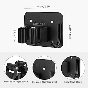 Mop and Broom Holder Wall Mount. Non-slip Stainless Steel Mop Holder Broom Hanger Tool Organizer Self Adhesive. Organization and Storage for Home Garden Garage Kitchen Laundry Room (Black, 4 Pack)