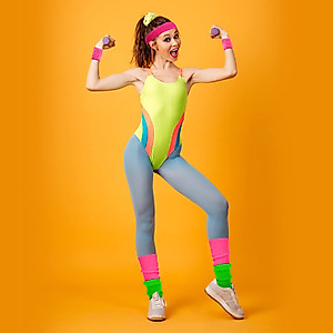 Women 80s Leg Warmers Set Ribbed Leg Warmer for Neon Party with 4 Sets Fitness Headband Wristbands for Yoga Sport (Bright Color)