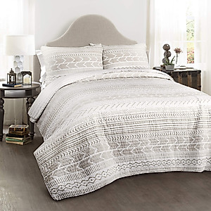 Lush Decor Hygge Geo Pattern Striped 3 Piece Quilt Bedding Set, Full/Queen, Taupe & White