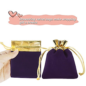 HRX Package Small Velvet Jewelry Bags 3x4 inch, 20pcs Purple Gold Cloth Gift Pouches with Drawstrings