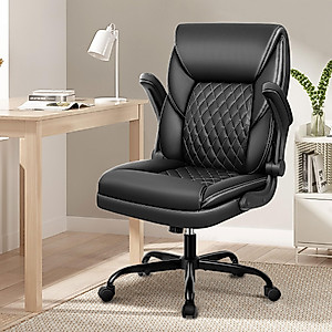 BestEra Office Chair, Executive Leather Chair Home Office Desk Chairs, Ergonomic Computer Desk Chair with Adjustable Flip-Up Arms, Lumber Support Swivel Task Chair with Rocking Function (Black)