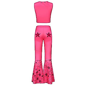 Hitormoon Pink Cowgirl Costume for Girls,70s 80s Hippie Disco Outfits for Kids, Halloween Cosplay Costume with Accessories Scarf Earrings HN009M