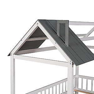 HomSof Twin House Beds Wood Bed Frame Kids Platform Bed with Pine Wood Roof, Fence-Shaped Guardrails, Cabin Bed for Children Kids, Teens, White|Grey, Twin