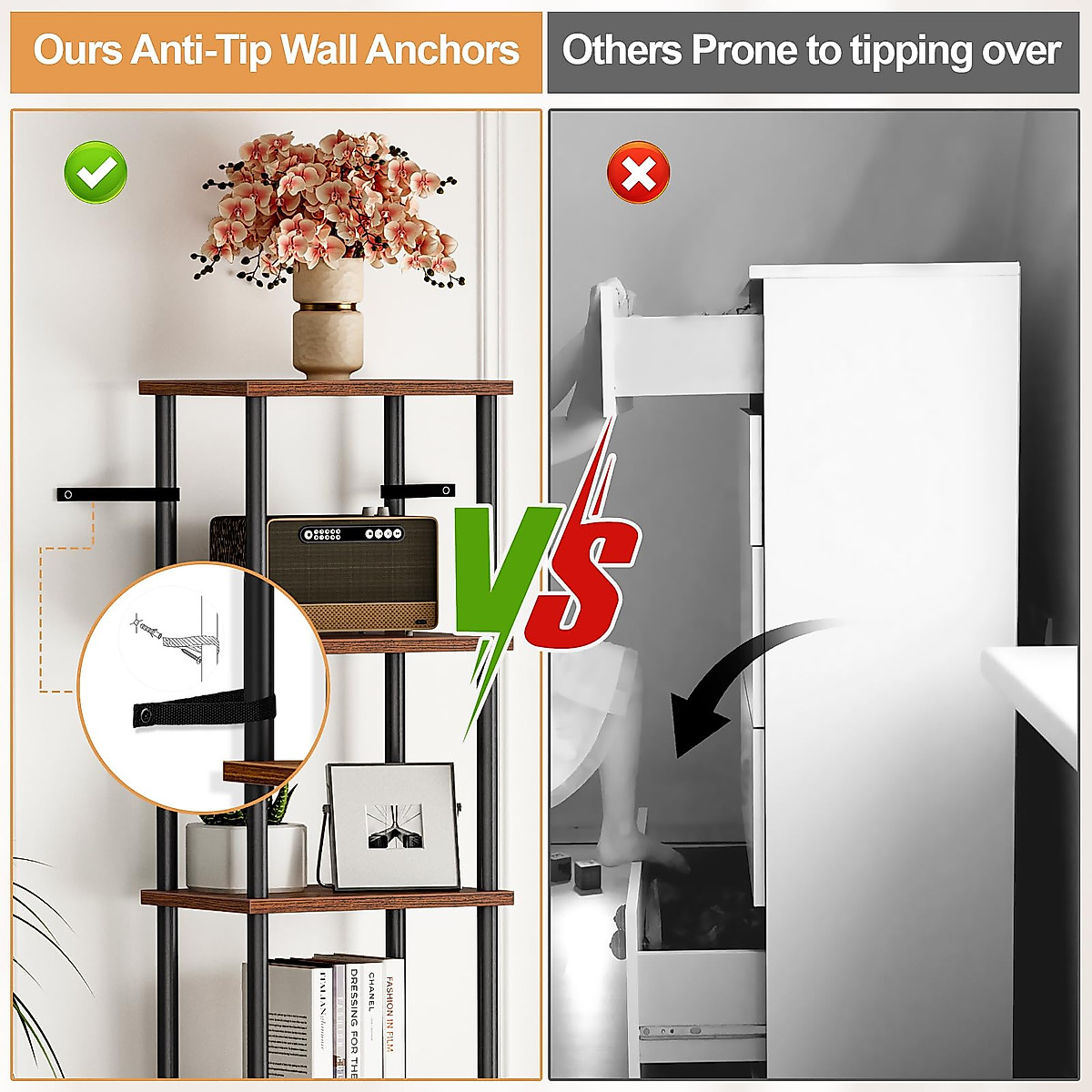 Sunghome Bookshelf, 6-Tier Bookcase with 2 Drawer, Narrow Bookshelves for Bedroom, Living Room, Free Standing Book Shelf Storage Organizer for Books, CDs, Rustic Brown