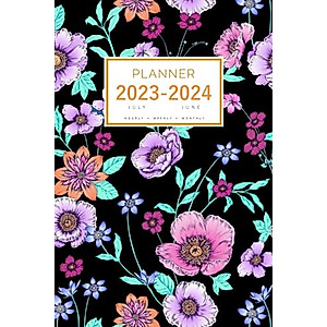 Planner July 2023-2024 June: 6x9 Medium Notebook Organizer with Hourly Time Slots | Beautiful Flower Garden Design Black