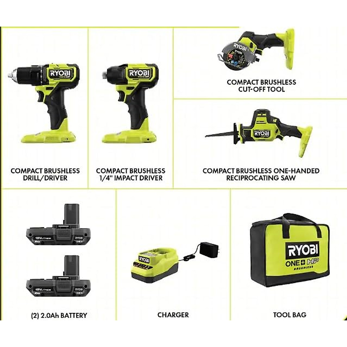RYOBI ONE+ HP 18V Brushless Cordless Compact 4-Tool Combo Kit with (2) 2.0 Ah Batteries, Charger, and Bag