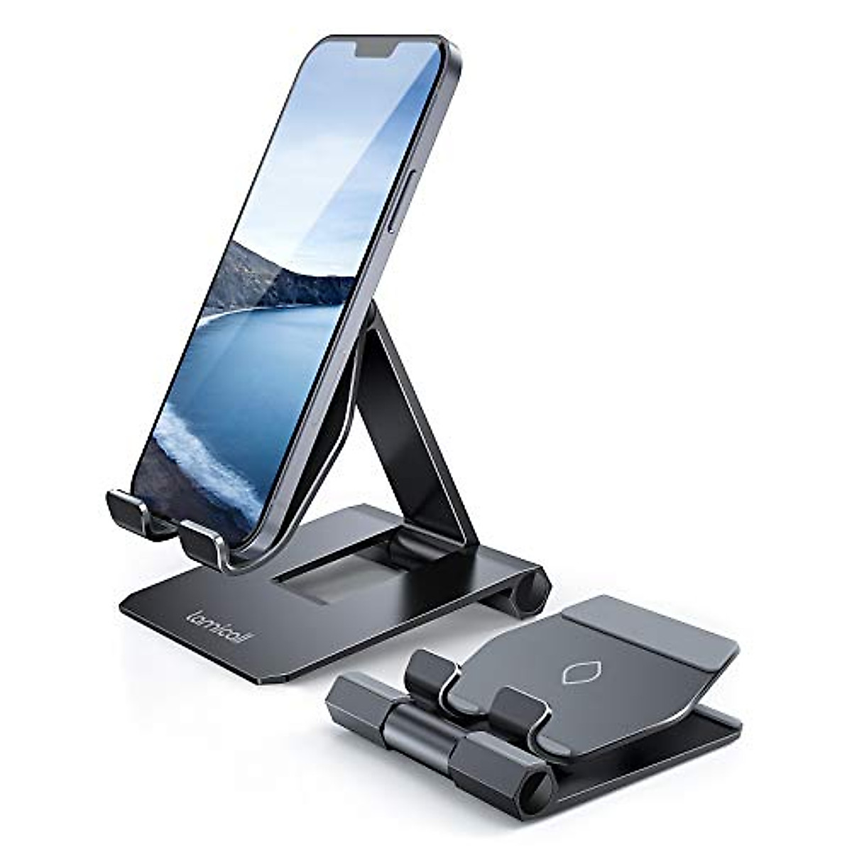 Lamicall Upgrade Super Stable Cell Phone Stand for Desk - Foldable Portable Aluminum Desktop Phone Holder Cradle Dock, Compatible for iPhone 14 13 12 Mini 11 Pro Xs Max Smartphones, Tablets 4-11"