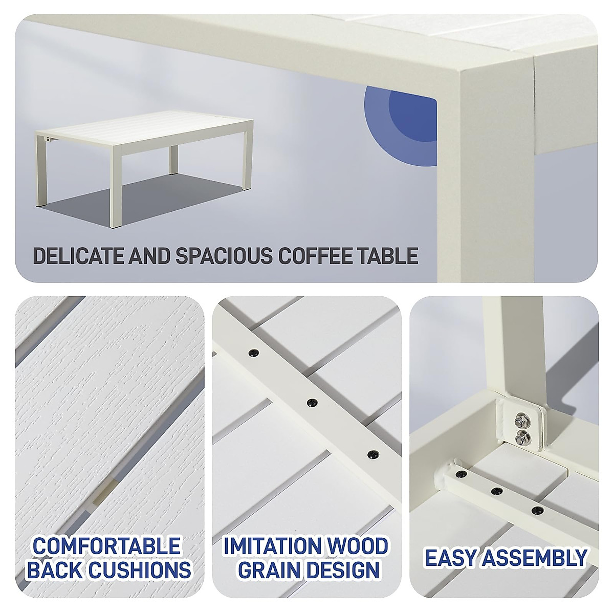 Outvita Outdoor Patio Furniture Set, 4 Pieces Aluminum Patio Conversation Sets, Modern Patio Sofa Loveseat Set with Coffee Table and 5 Inch Cushion for Patio Balcony Yard (White, 4pcs Set)