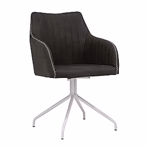Calico Designs Adelaide Mid Back Swivel, Home Office Accent Chair with Arms, No Casters in White Metal Legs/Dark Grey Tufted Faux Suede with Stitch Detail