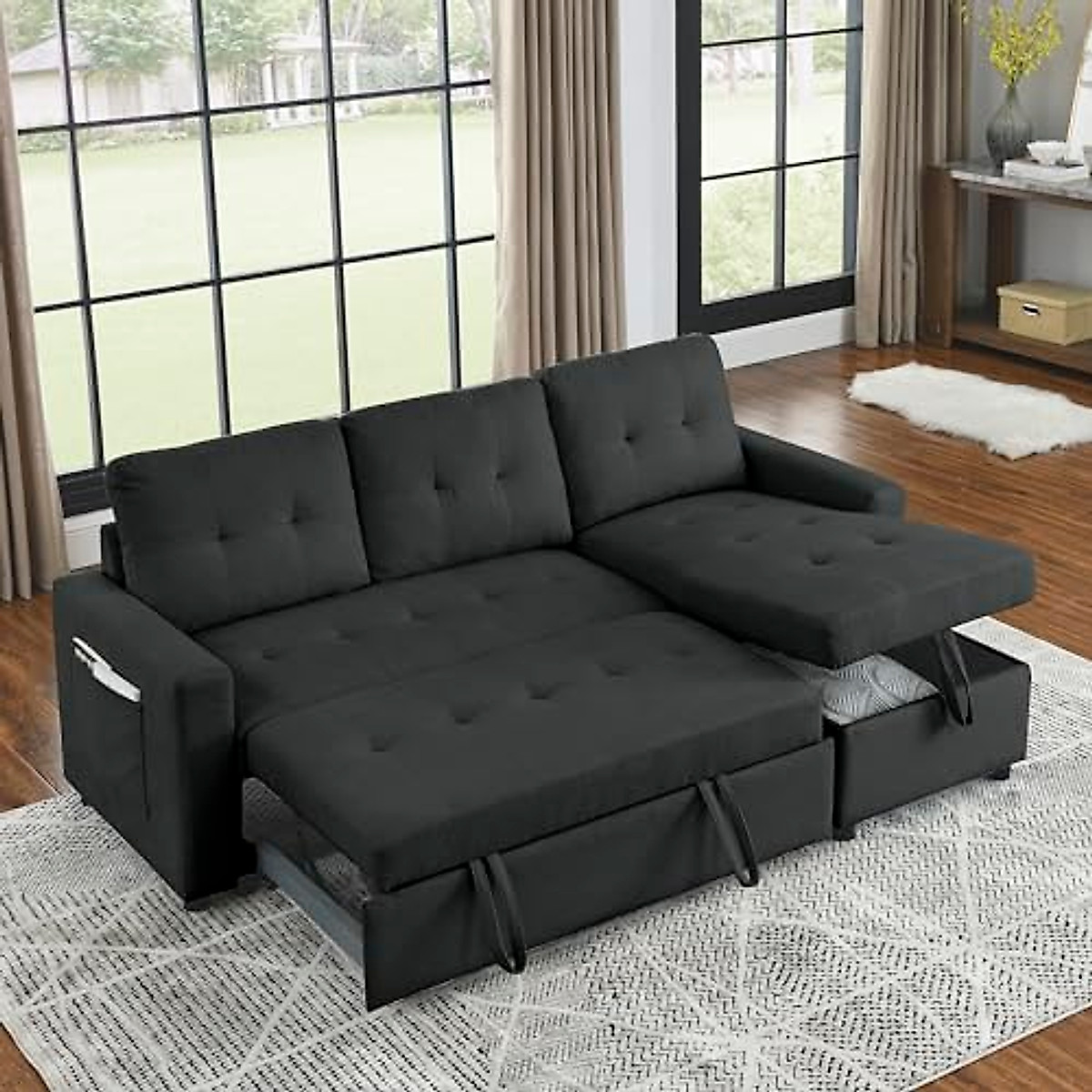 Eafurn L Shaped Sectional Sofa with Chaise Lounge and Pull Out Sofabed, Deep Seat Convertible Corner Couches with Storage Places,Comfy Upholstered Sofa&Couches for Living Room Furniture Sets