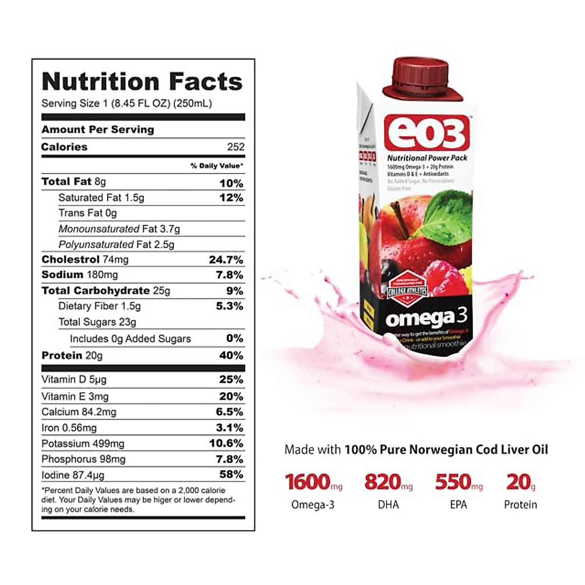 EO3 Omega-3 Multi-Nutritional Fruit Smoothie | 100% Cod Liver Oil | Whey Protein, Vitamins, Antioxidants| Gluten Free, No Added Sugar, No Preservatives | Ready-to-Drink | 6 Pack, 8.4 Fl Oz