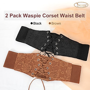 JASGOOD 2 Pack Women Elastic Wide Waist Belt Lace-up Tied Waspie Corset Belt for Dress