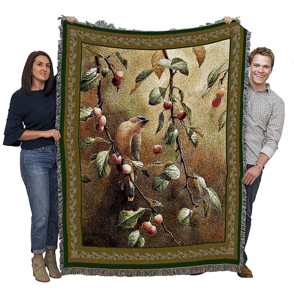 Pure Country Weavers Cherry Chase Blanket - Bird Garden Floral Gift Tapestry Throw Woven from Cotton - Made in The USA (72x54)