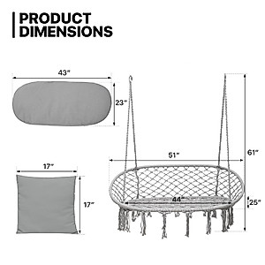 MoNiBloom Outdoor 2 Seat Hammock Chair with 3 Cushion, Indoor/Outdoor Hanging Macrame Swing Boho Chair for Adults, Max 700 lbs Capacity Patio Hanging Chair Porch Hammock Chair Hanging Rope Swing, Grey