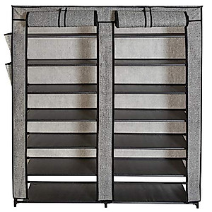 Simplify 7 Tier Double Wide 14 Shelf Shoe Storage Closet Organizer Rack with Cover and Side Pockets, Freestanding, Holds 42 Pairs, Good for Sneakers, Flats, Heels & Boots, Black