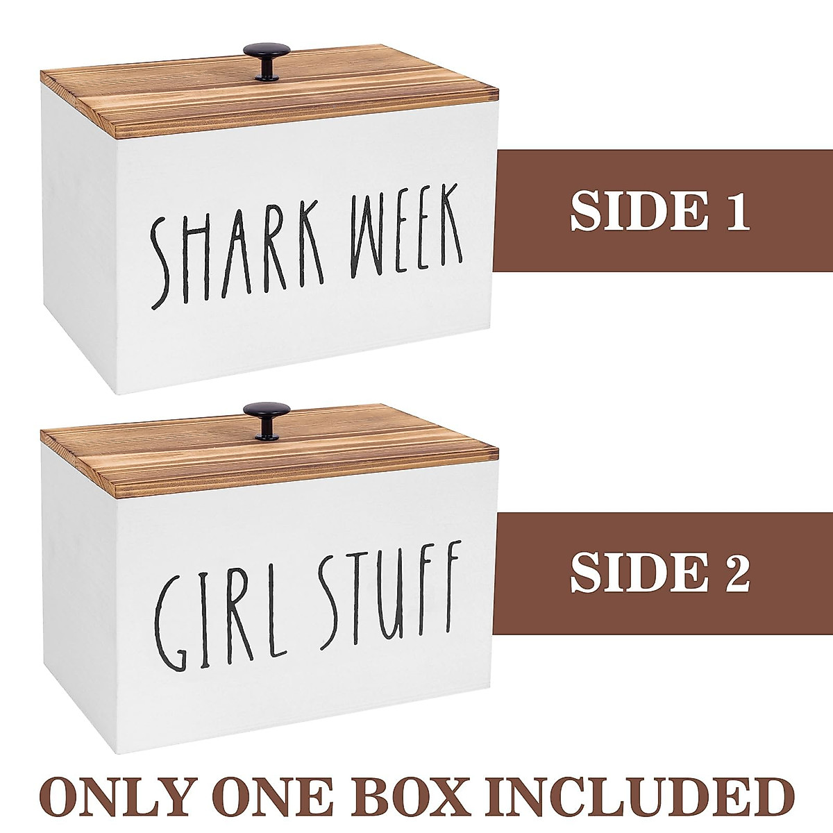 Tampon Holder for Bathroom, Farmhouse Pad Orgainzier Container, Rustic Wood Bathroom Storage Bin with Lid, Movable Partition Feminine Product Organizer, Tampon Storage Container (White &Wood Lid)