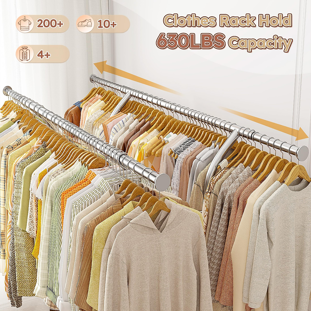 Raybee Clothes Rack Heavy Duty Clothing Rack with Wheels Load 630lbs Clothing Racks for Hanging Clothes Rolling Clothes Rack Adjustable Garment Rack Commercial Portable Clothes Rack 74" Wx 25" Dx70 H