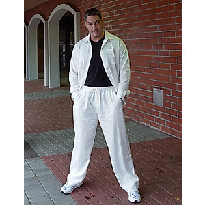 COOFANDY Mens Linen Yoga Outfits Casual Button Down Shirts with Pocket and Loose Pants All White Outfits for Men