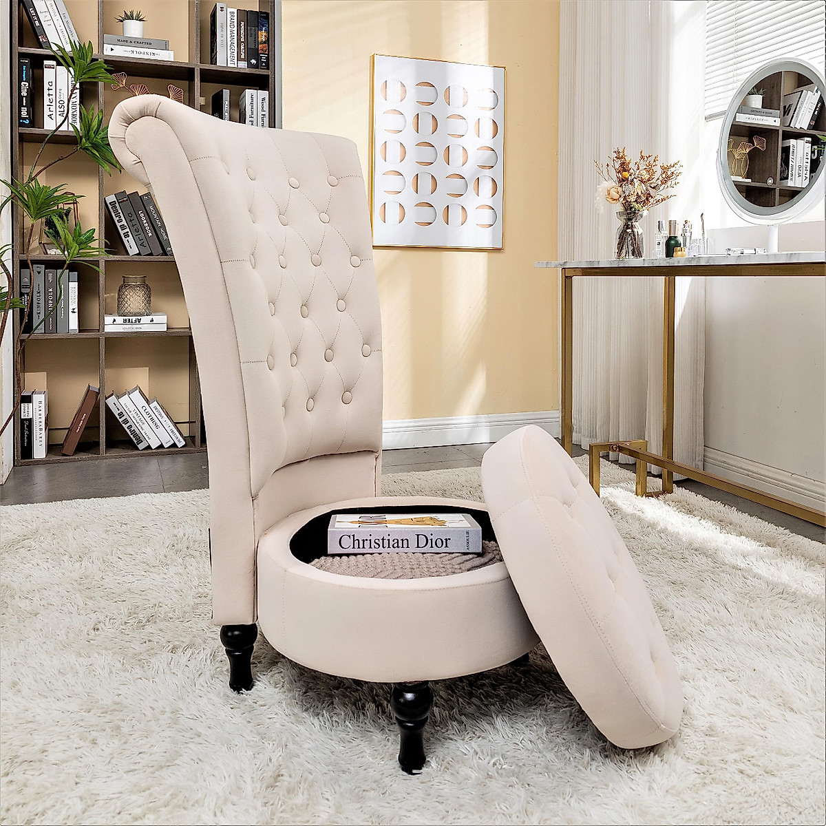 Container Furniture Direct Royal High-Back Velvet Accent Chair for Vanity with Storage and Luxurious Upholstery, Retro Design and Versatile Usage for Living Room, Bedroom, Lounge and Office, Ivory