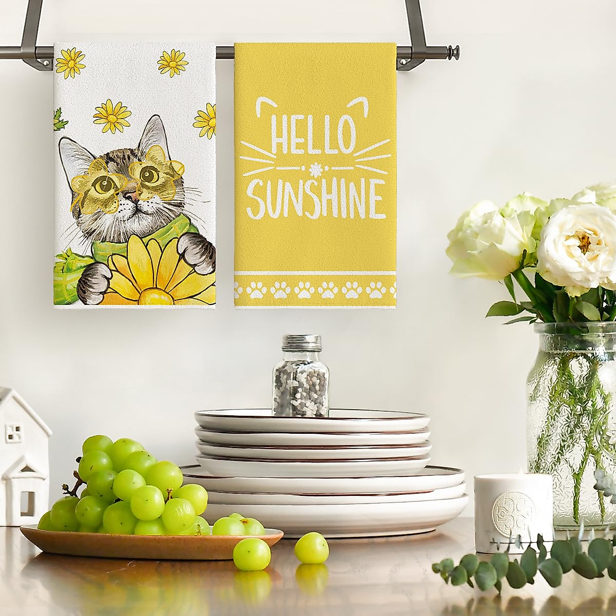Artoid Mode Yellow Flowers Cat Hello Sunshine Kitchen Towels Dish Towels, 18x26 Inch Spring Summer Holiday Decoration Hand Towels Set of 2