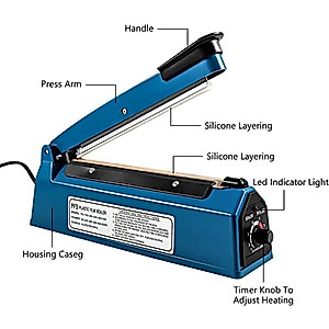 JIMBOH Impulse Sealer 8 Inch Manual Mini Bag Sealer Heavy Duty Heat Sealer Machine with Extra Replace Element Grip Manual Plastic Bags Sealer for Sealing Foods, PE & PP Bags